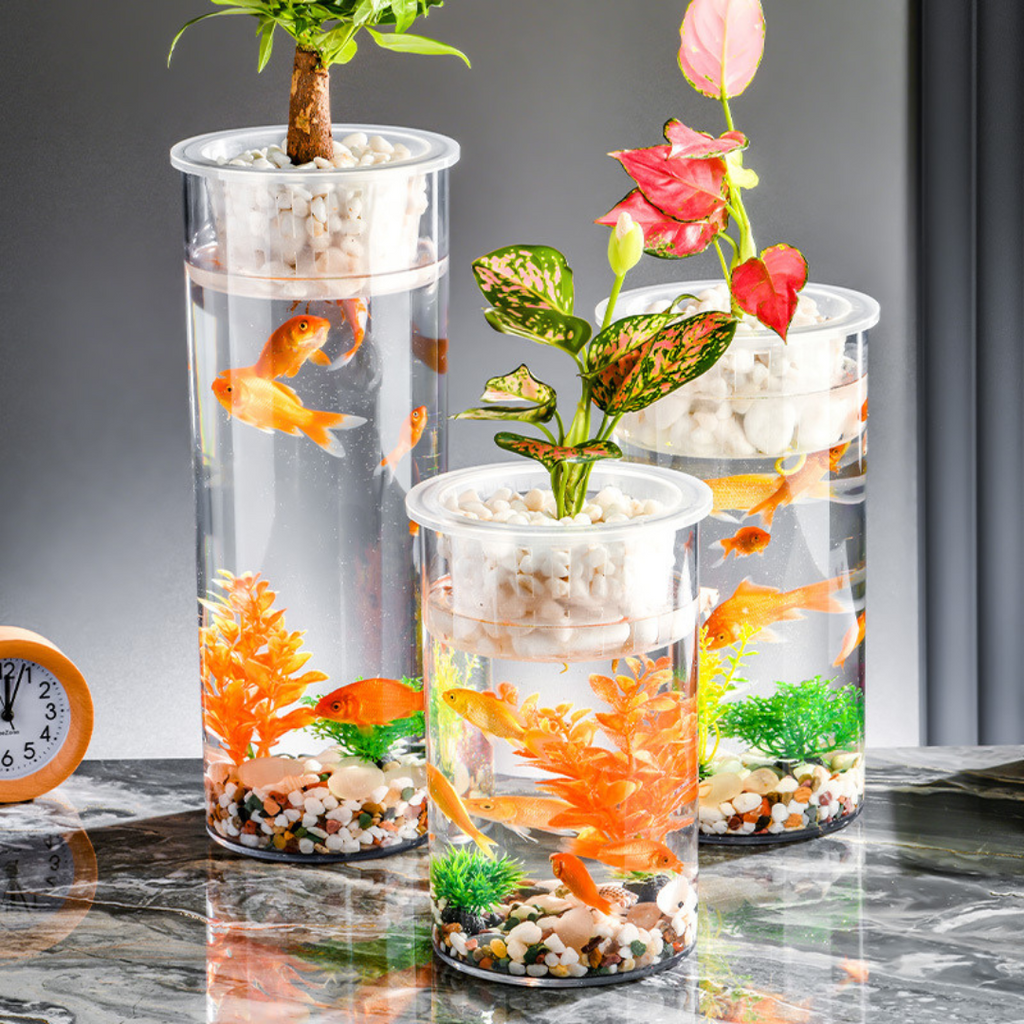 HOMERO Elegant Transparent Column Fish Tank with Plant Basket