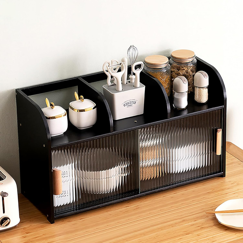 Modern Glass Bamboo Countertop Storage Cabinet with Sliding Doors