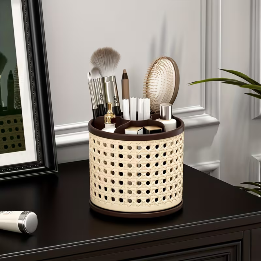Multi Chamber Vintage Rattan Style Rotating Storage Organizer