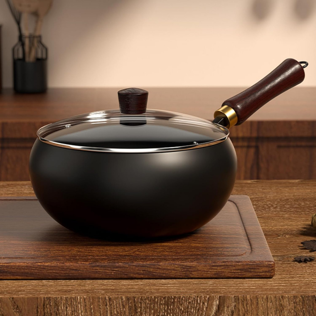 Homero Premium Iron Frying Wok Pan with Glass Lid - 24CM Black