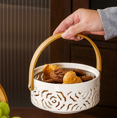 Ceramic Snacks Basket with Wooden Handle